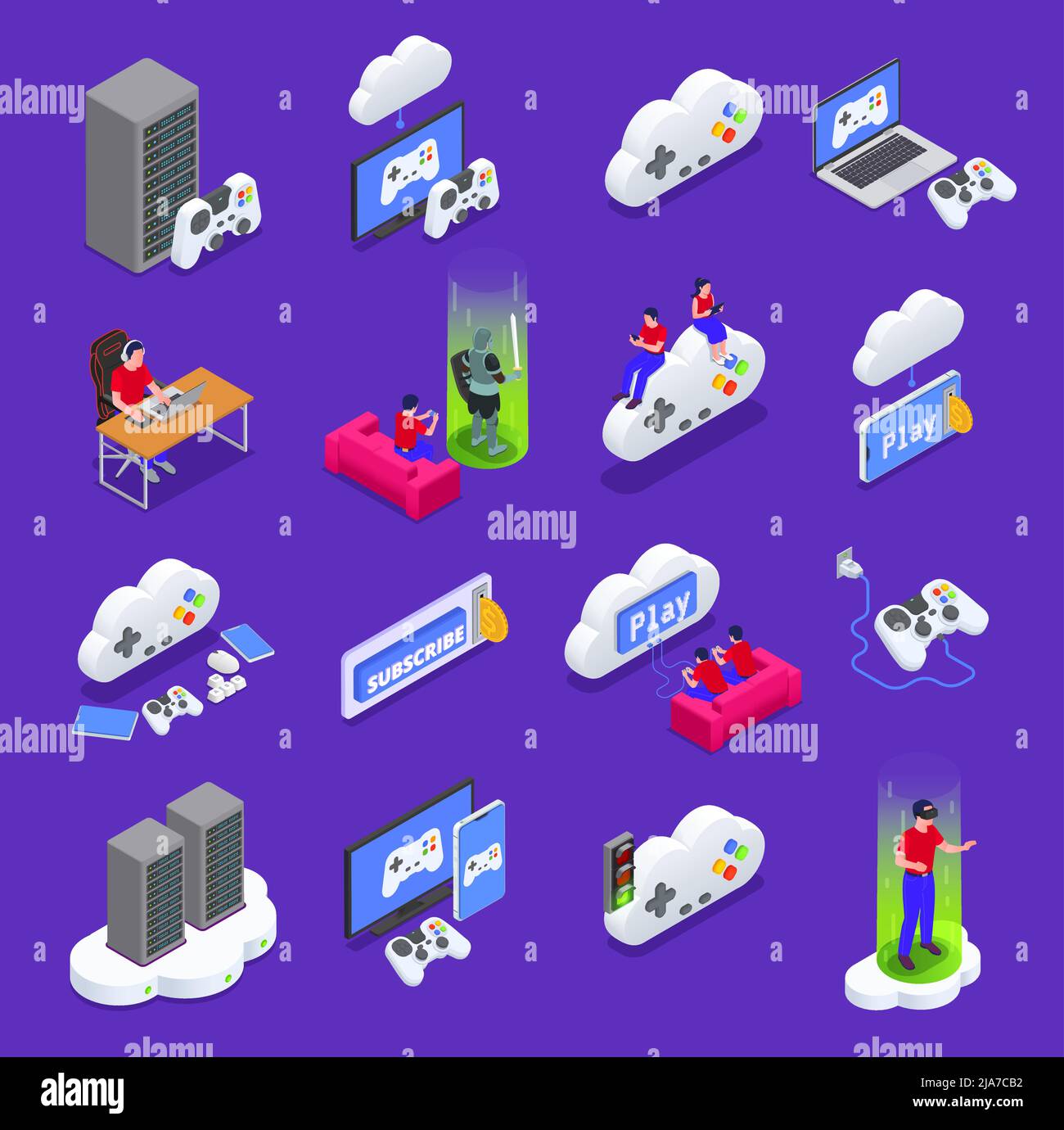 Cloud gaming isometric icons set with cyberspace symbols isolated ...