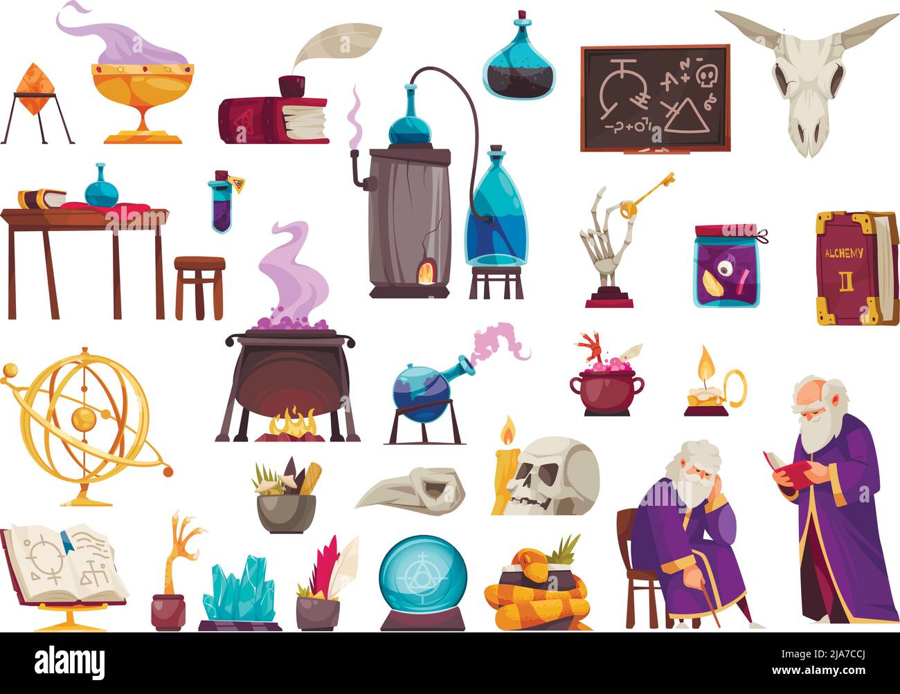 Alchemy cartoon icons set with old alchemist cauldron book ball candle ...
