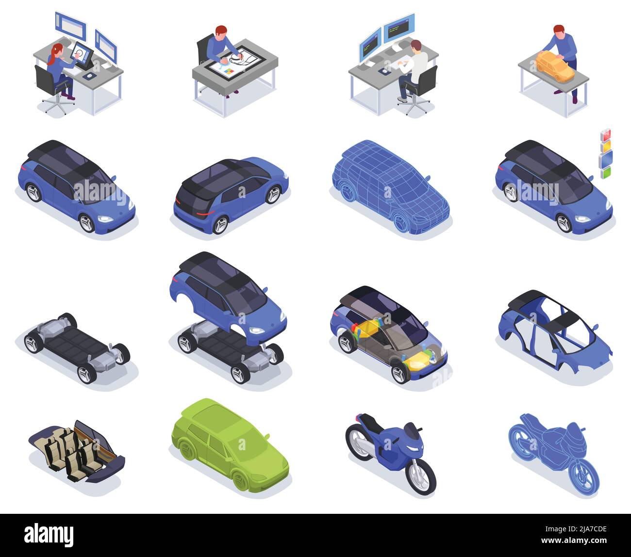 Car designer profession isometric icons set isolated vector ...