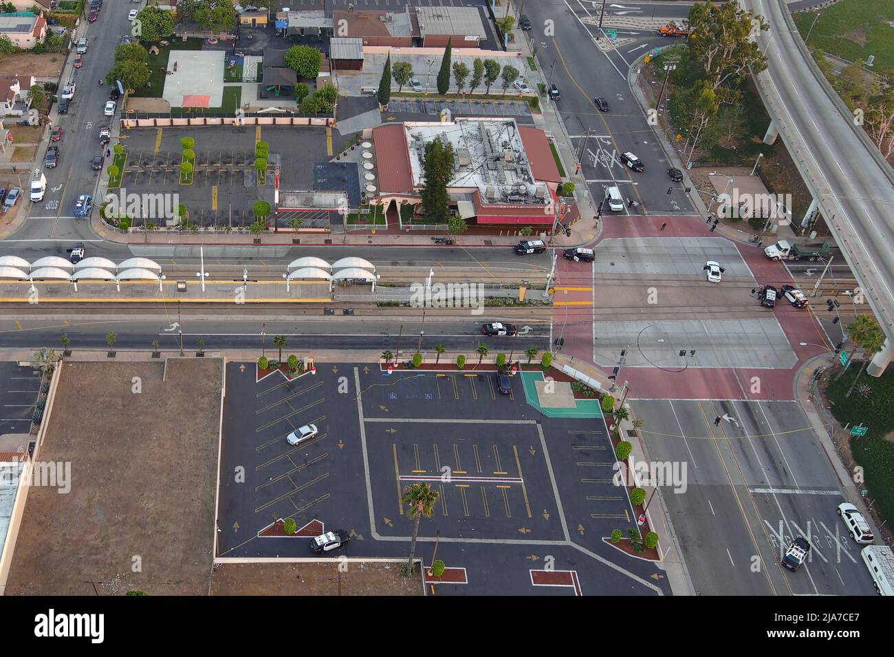 Crime scene tape surrounds a California Highway Patrol car that came ...