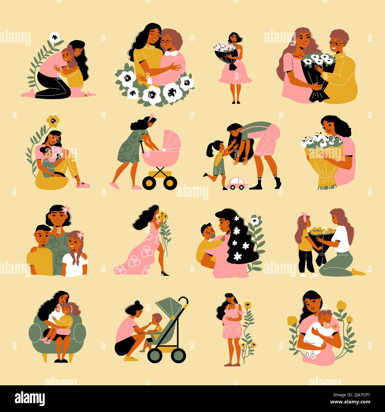Mothers day color set of isolated icons with female characters of mom ...