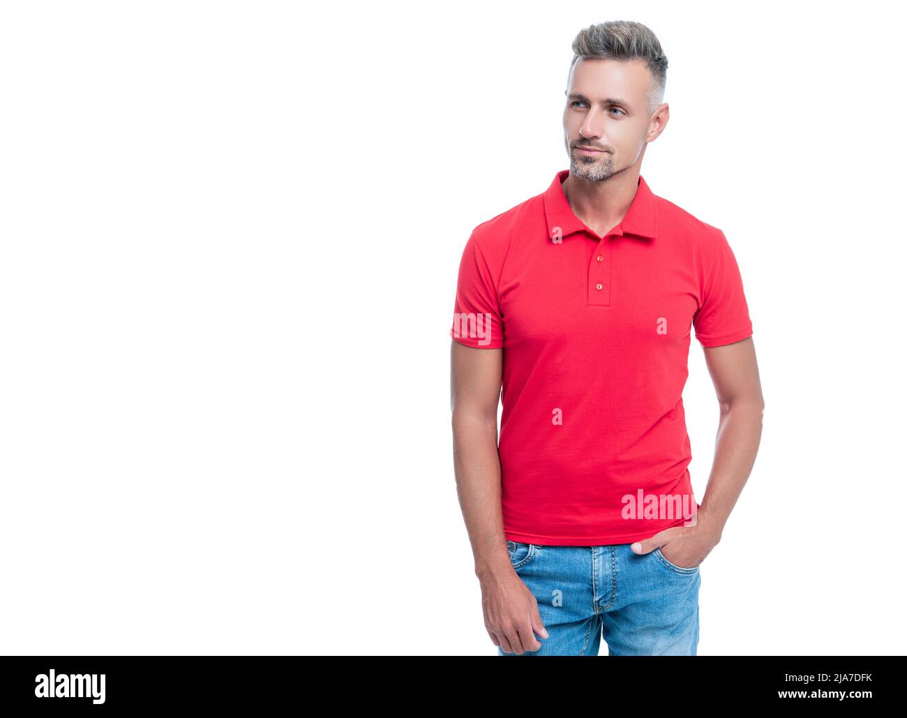 handsome man with grizzled hair in red shirt isolated on white ...