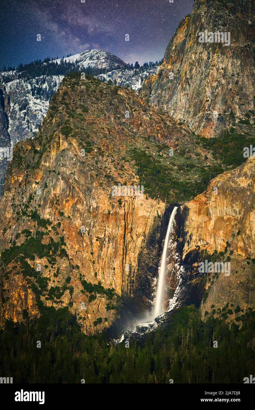 Amazing Yosemite waterfall with milky way overhead at night Stock Photo ...