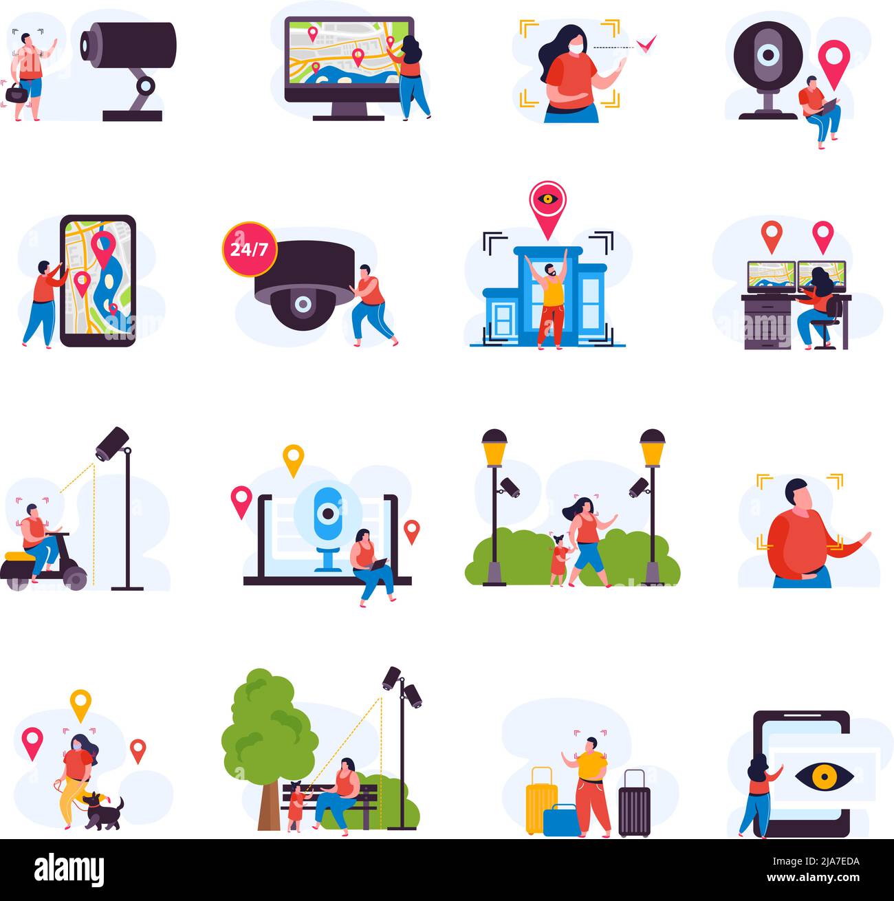 City video monitoring flat icons collection with isolated images of ...