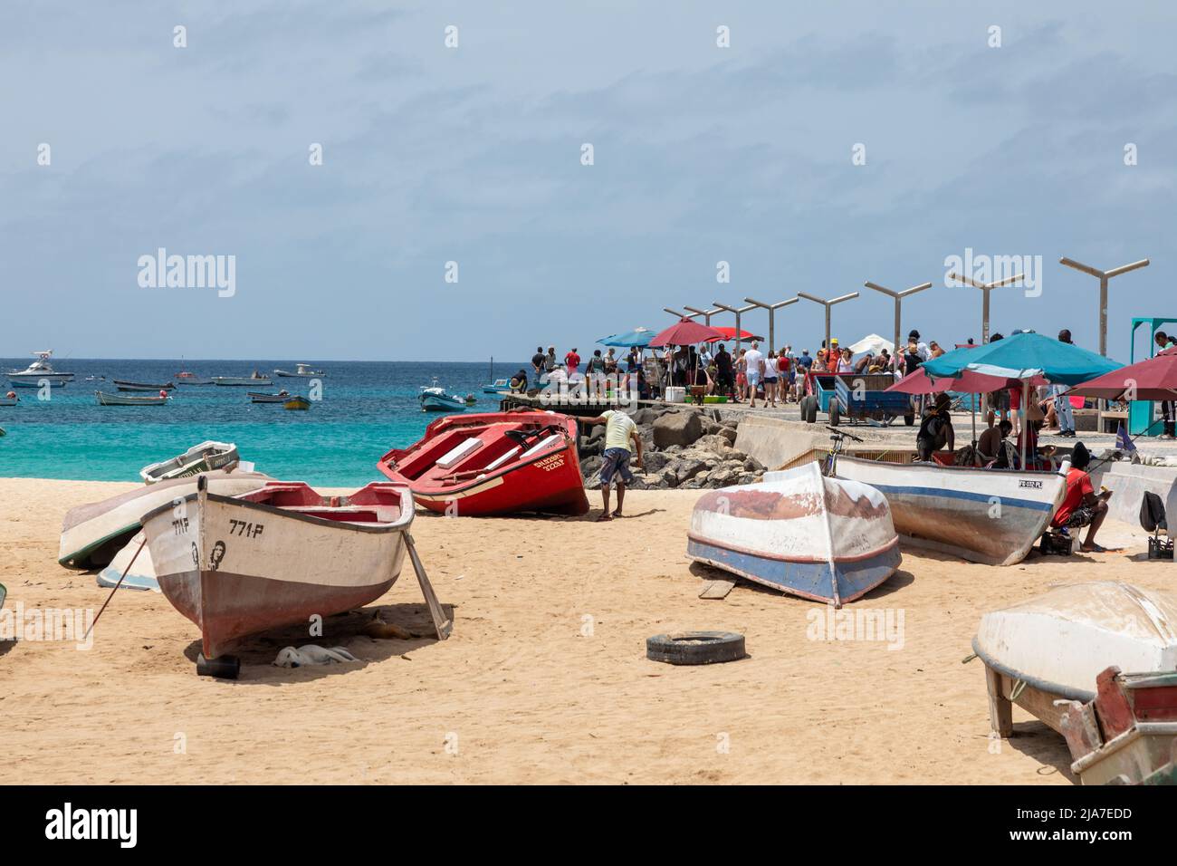Fishing boats on beach. Tourist attraction at Santa Maria, Sal Island ...