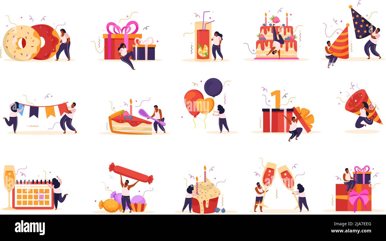 Birthday flat recolor set of isolated icons with sweets drinks and ...