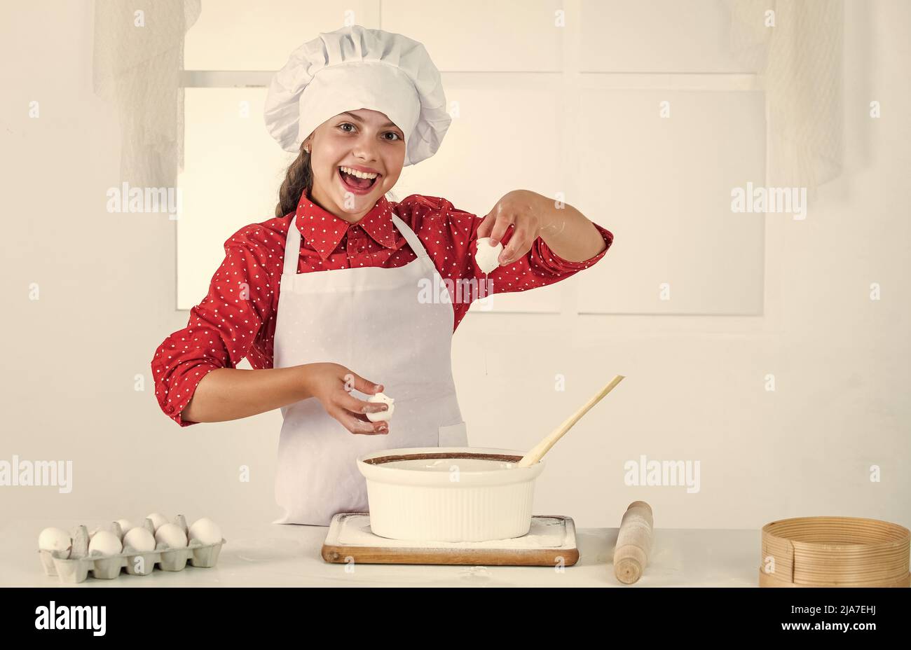 Taste the delicious. culinary and cuisine. child in cook hat and apron ...