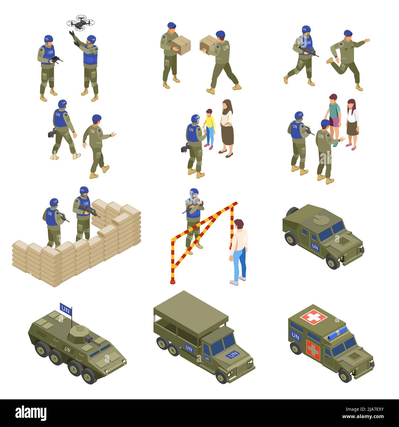 UN peacekeepers soldiers military officers providing humanitarian assistance using drones armed ...