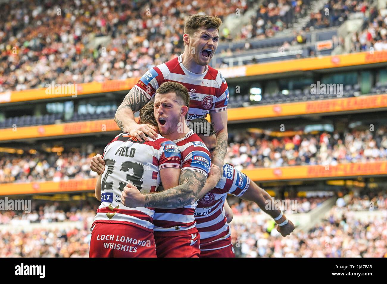 Jai Field #23 of Wigan Warriors celebrates his try Stock Photo - Alamy