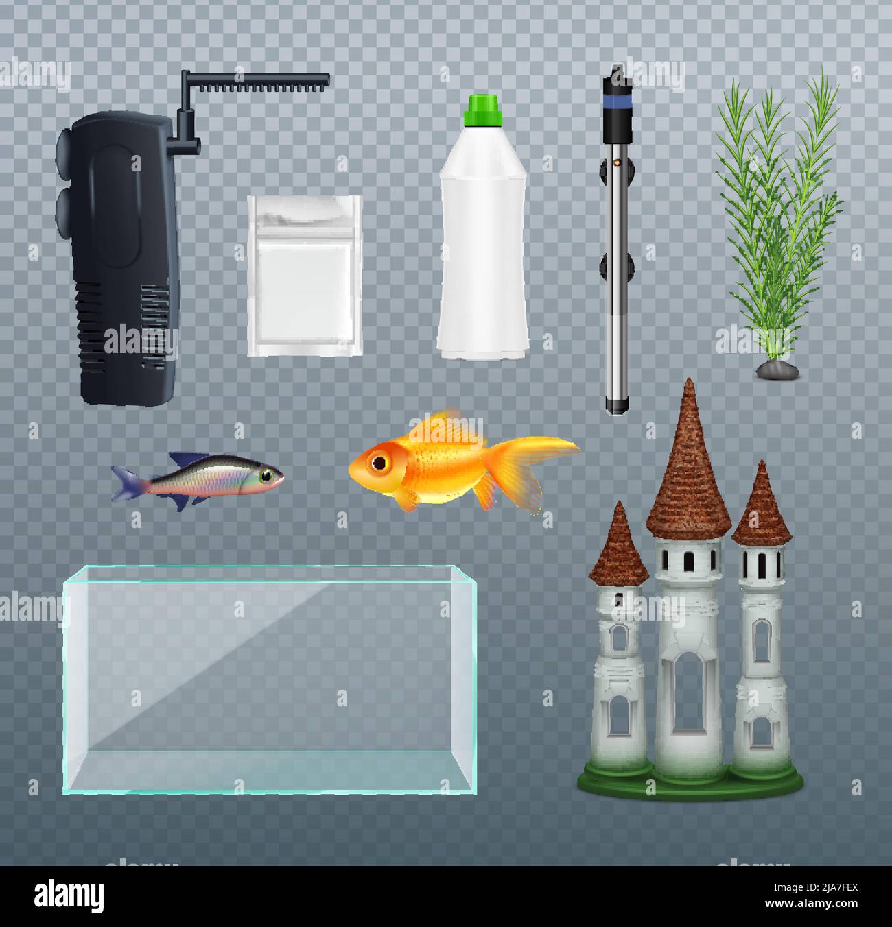 Realistic set with two fish equipment and decoration for aquarium ...