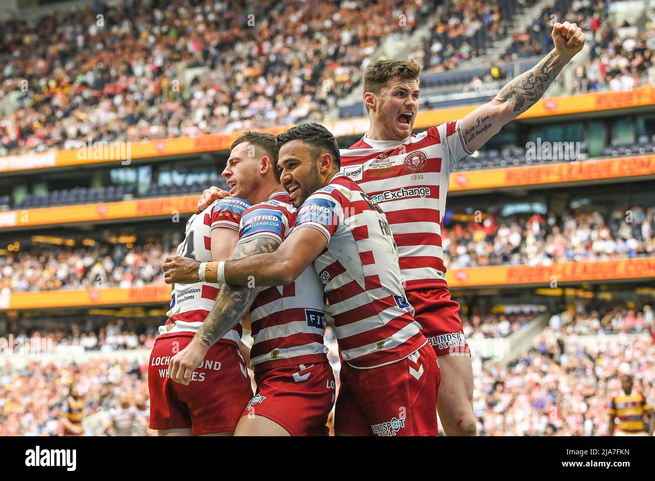 Jai Field #23 of Wigan Warriors celebrates his try in , on 5/28/2022 ...