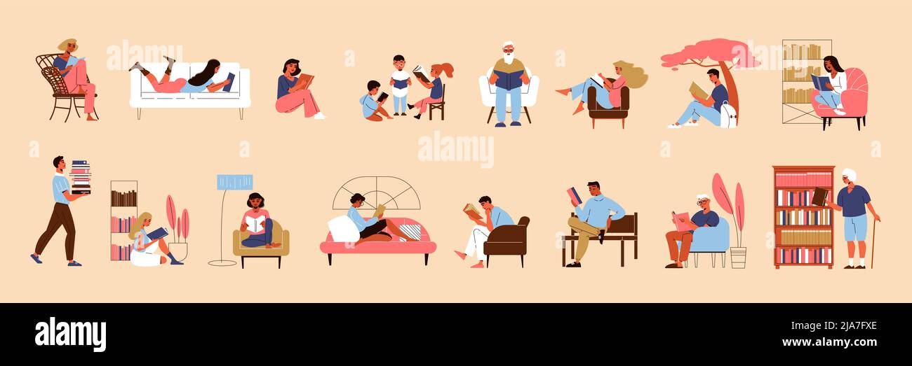 Flat icons set with people of different age reading books at home ...