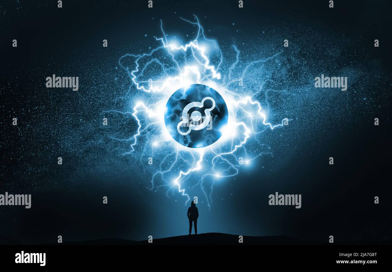 3D rendering cryptocurrency helium coin on colorful background ...