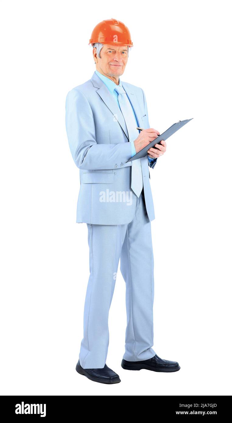 Engineer of age, with a plan reports. Isolated on a white background ...