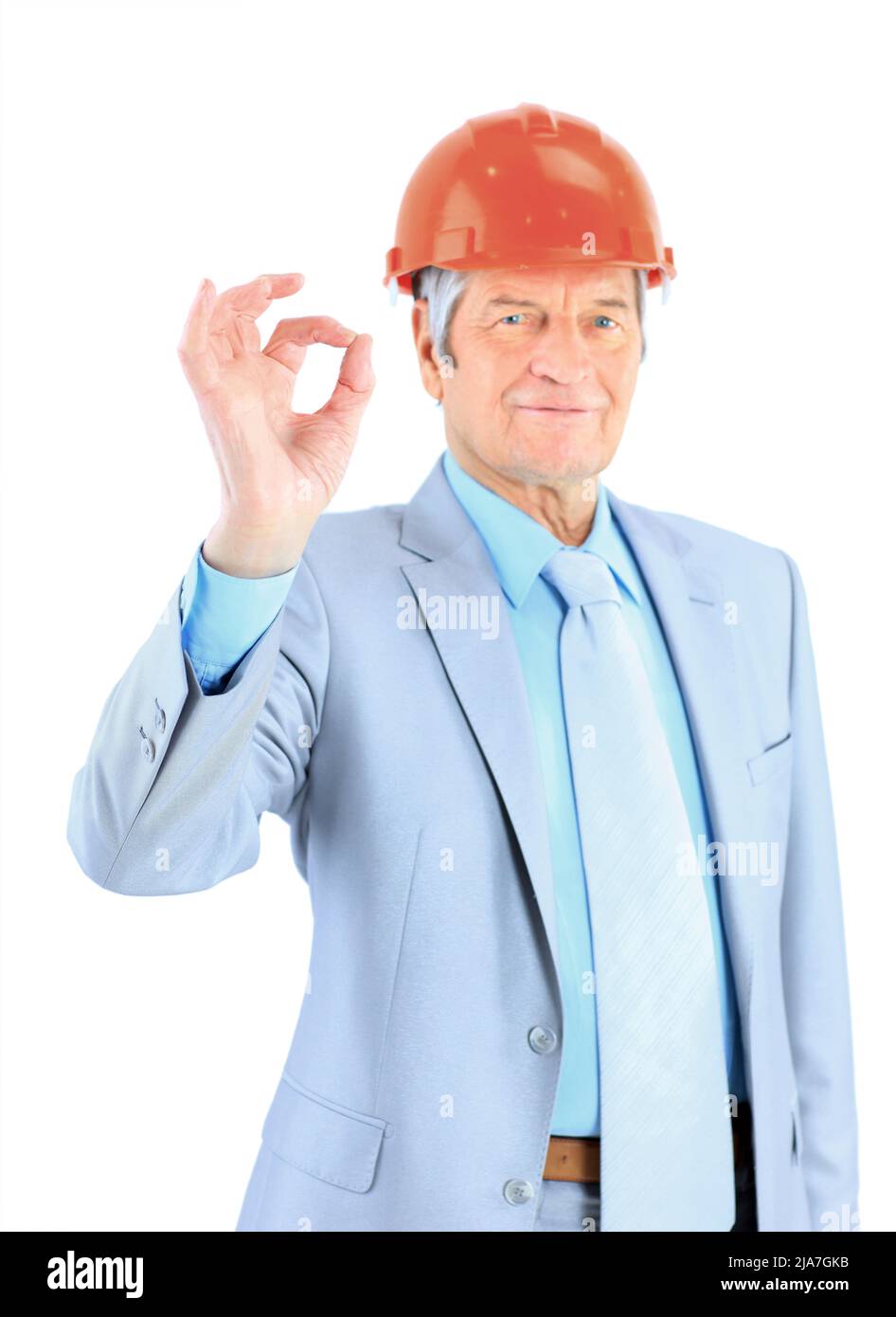 Engineer of age, shows that everything is OK. Isolated on a white ...