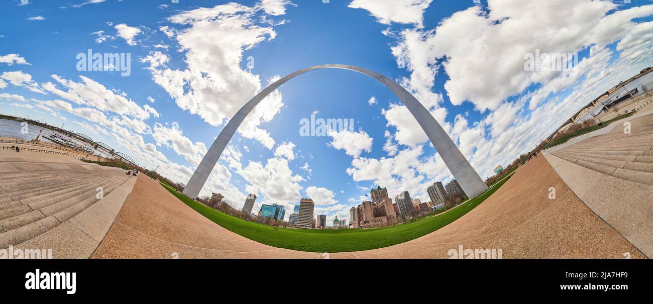 Artistic panorama of St. Louis Gateway Arch with curved ground and ...