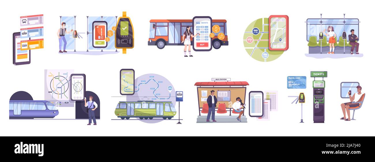 People using mobile transport app to buy tickets pay fare select route ...