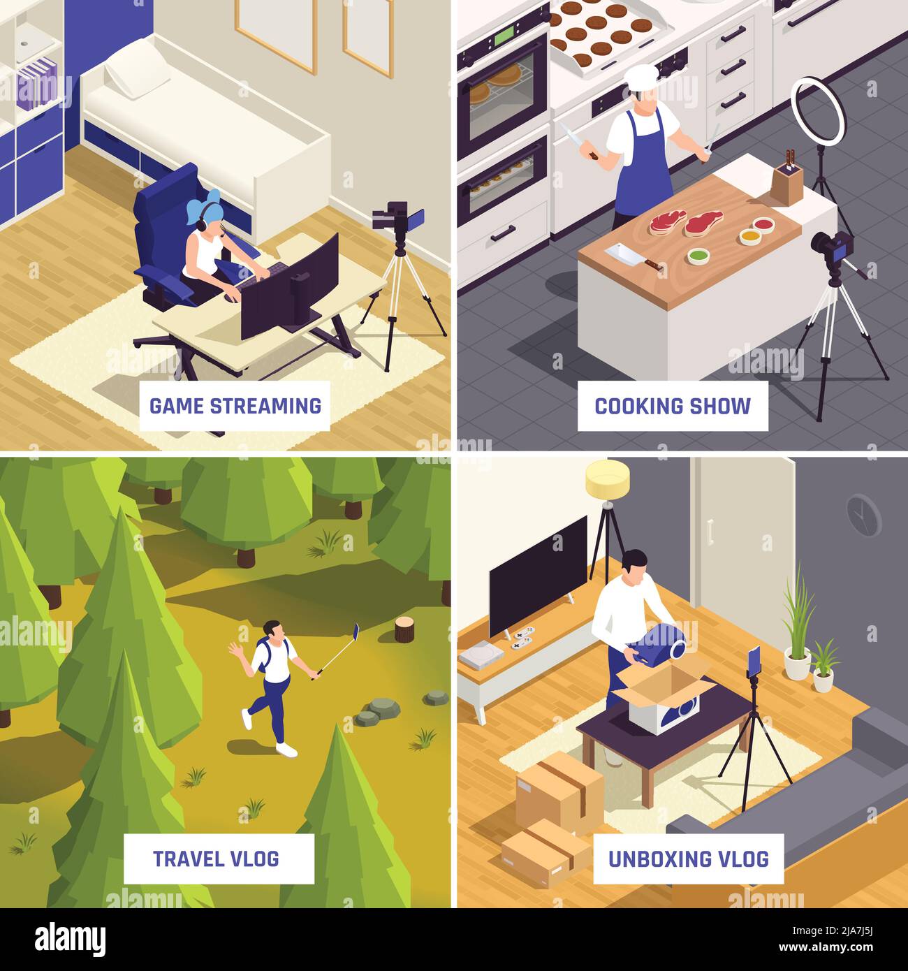 Popular blogger types 4 isometric compositions video game streaming ...