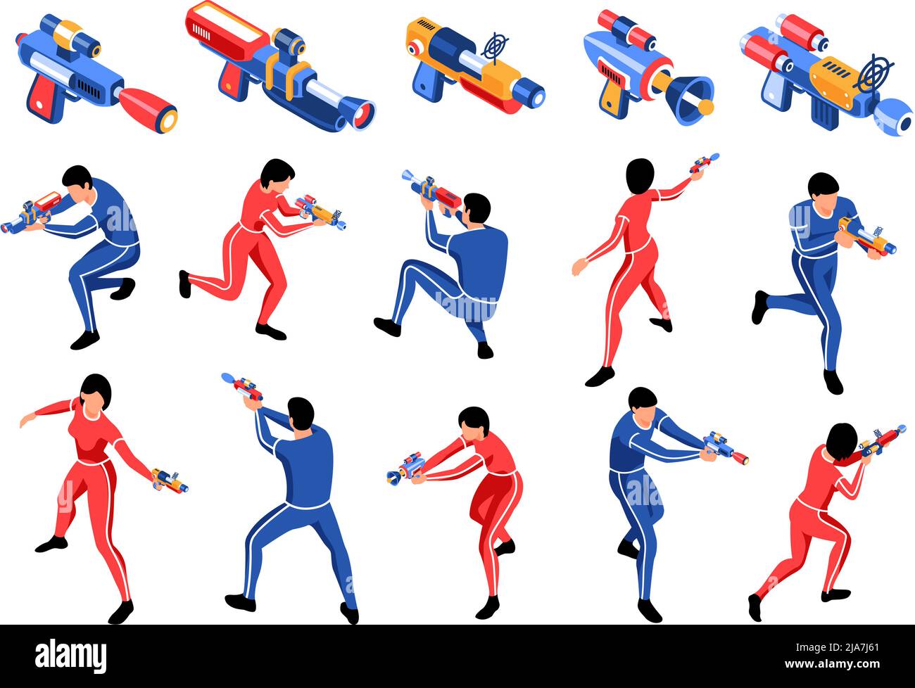 Isometric blaster game nerf set of isolated laser gun icons and ...