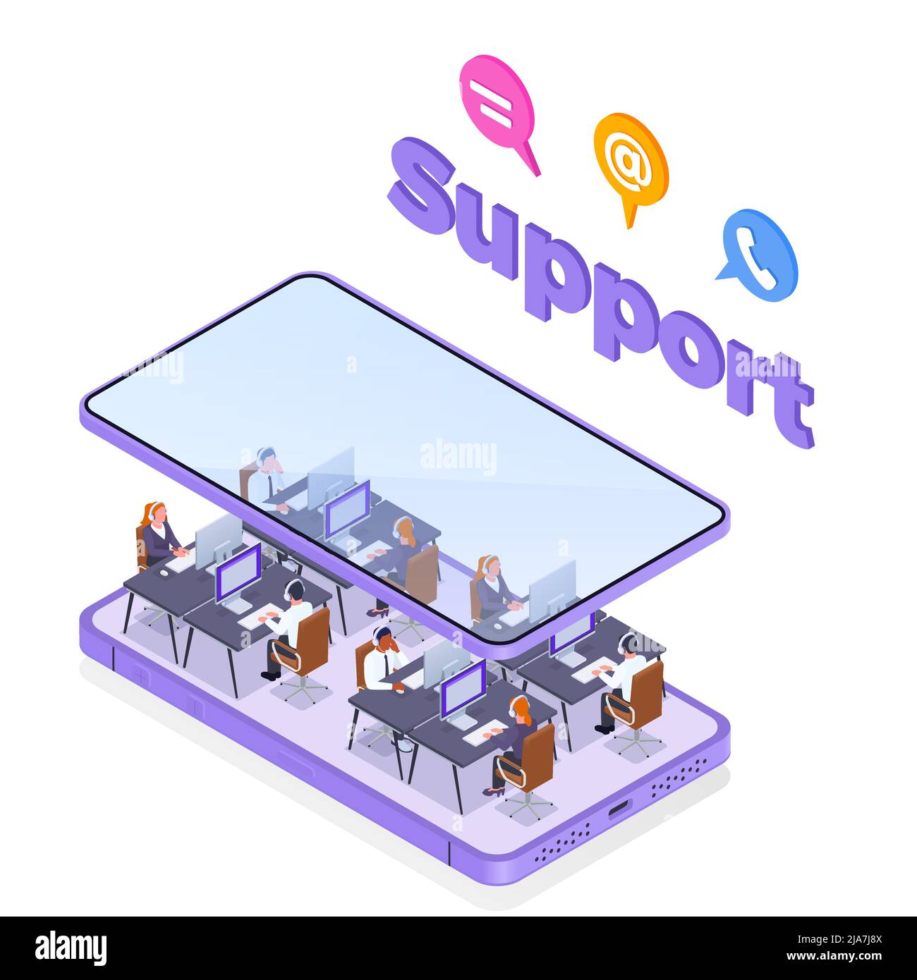 Call center concept with technical support and hotline symbols isometric vector illustration ...