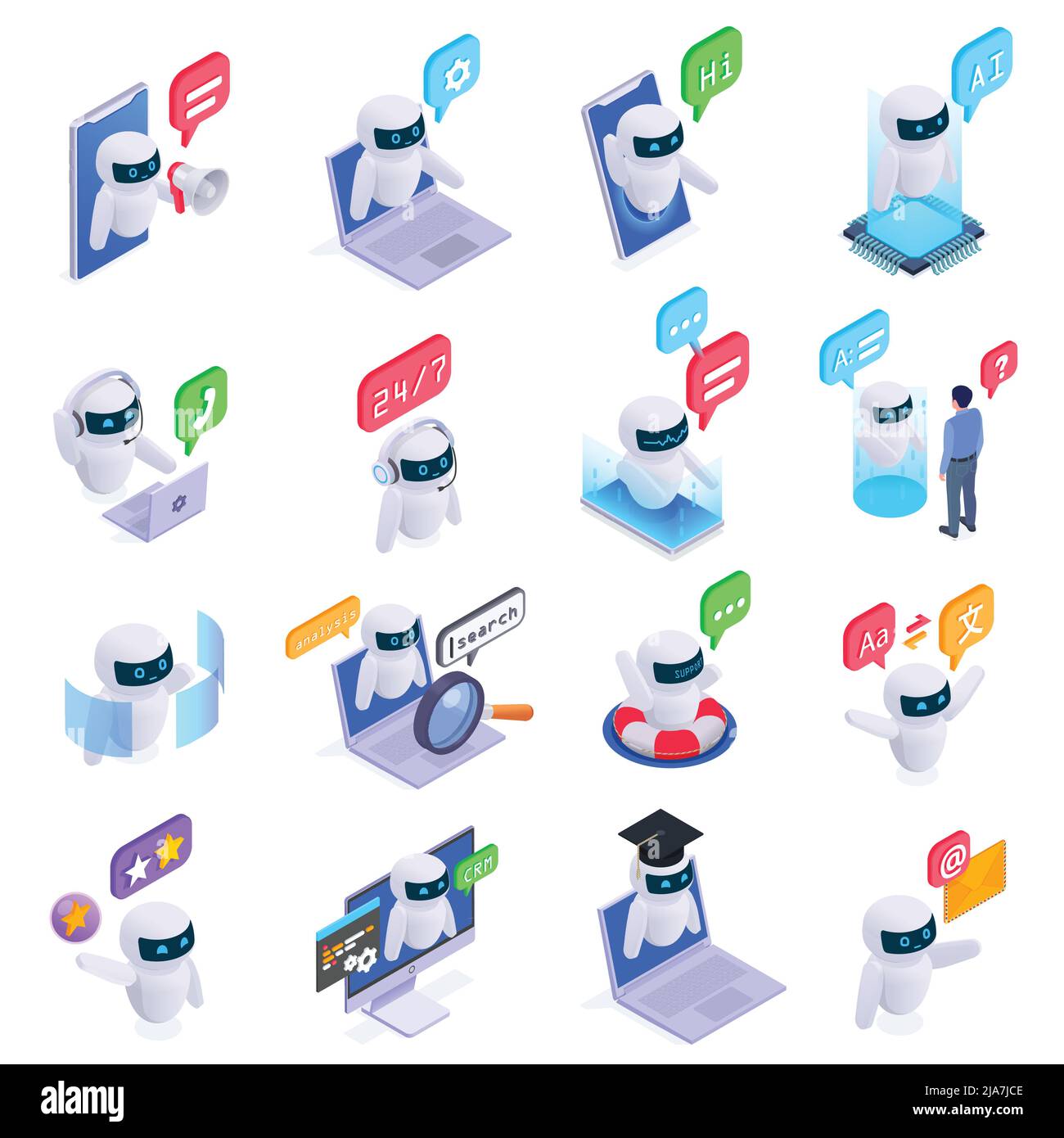 Chatbot messenger icons set with technical support symbols isometric ...