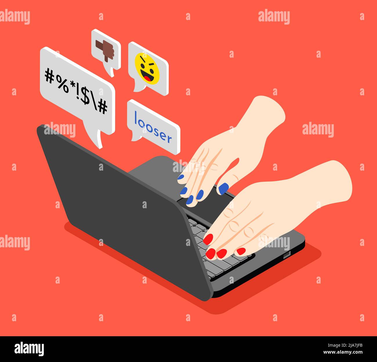 Isometric cyber bullying red background with human hands sending ...