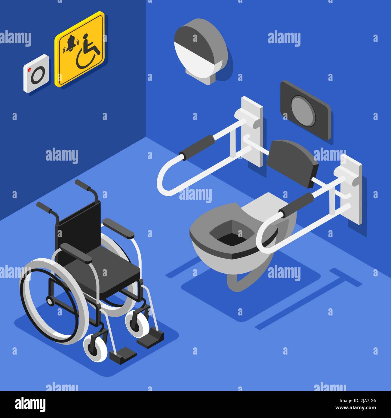 Accessible environment composition with wheelchair and public restroom ...