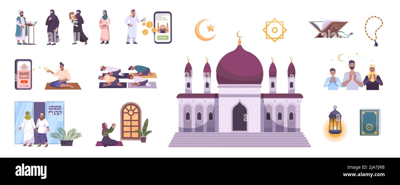 Islam modern people set of flat isolated icons with human characters ...