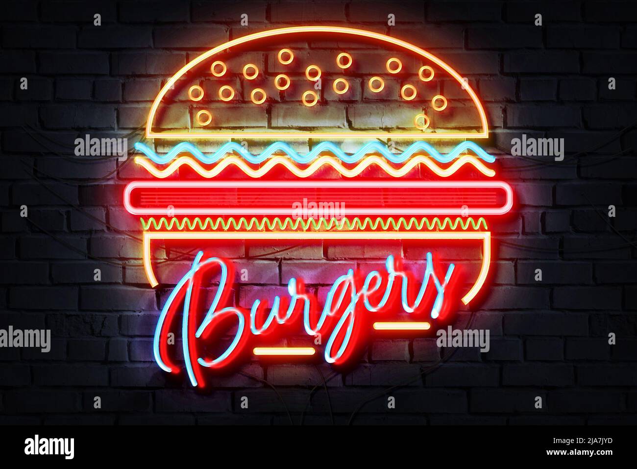Burgers Neon Sign on a dark wall Stock Photo - Alamy