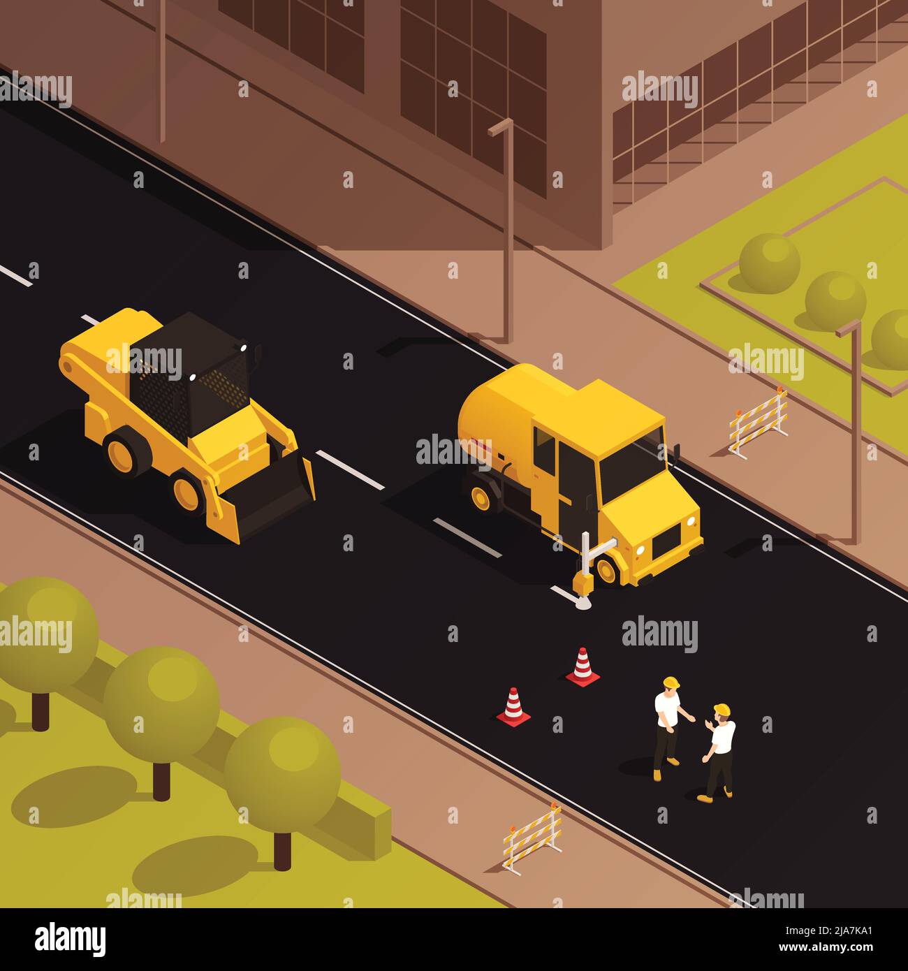 Road construction isometric composition with outdoor view of city ...