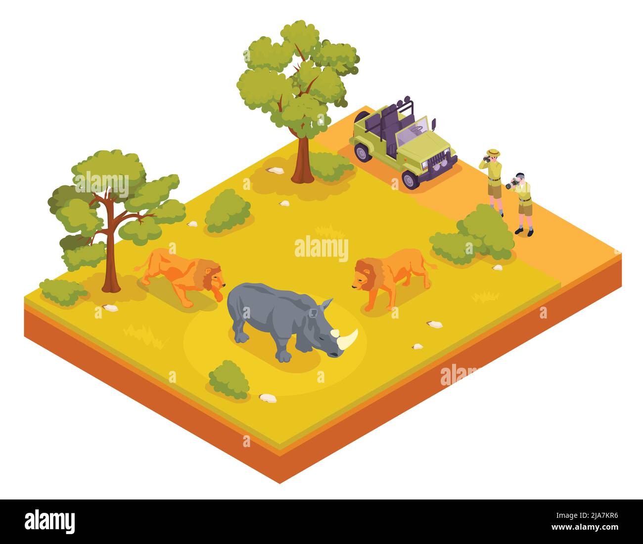 Safari isometric and colored composition two tourists photograph ...