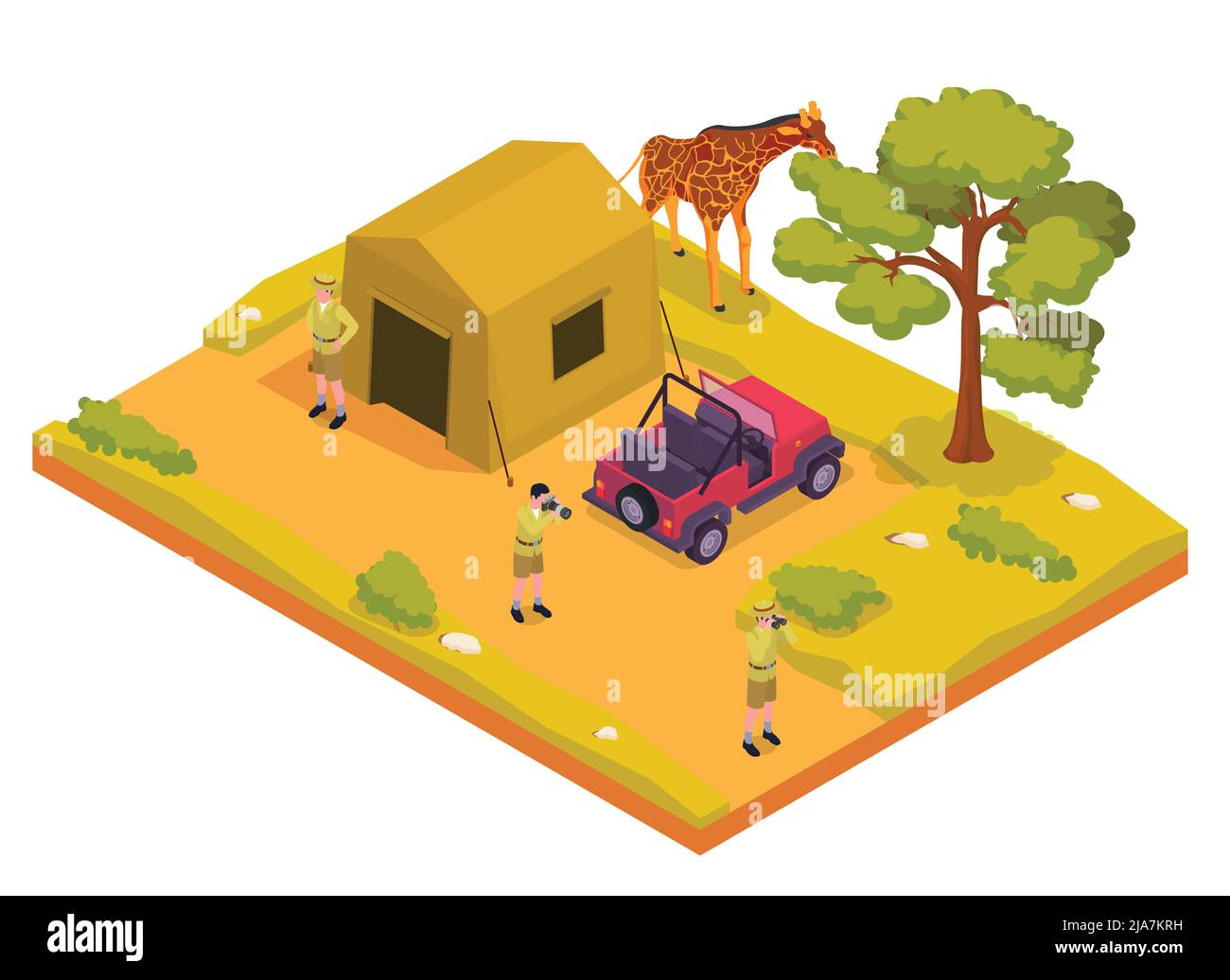 Safari isometric colored concept three campers stand next to tent in ...