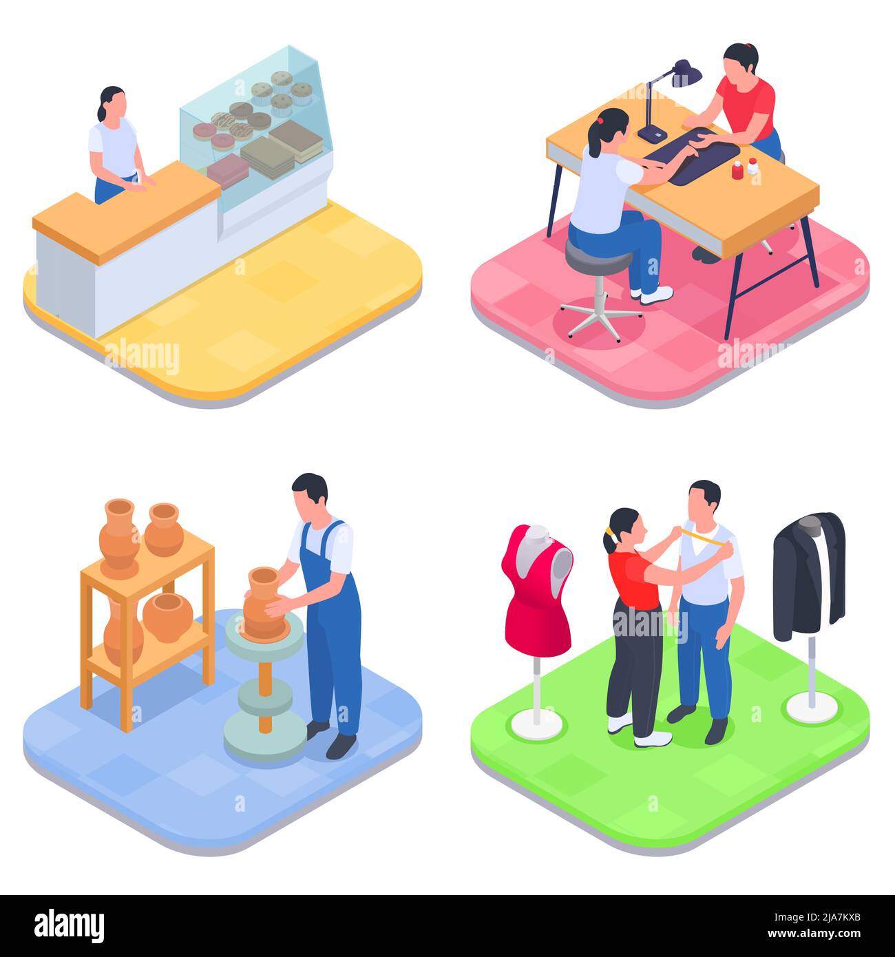 Isometric small business owner family business icon set salesperson in ...
