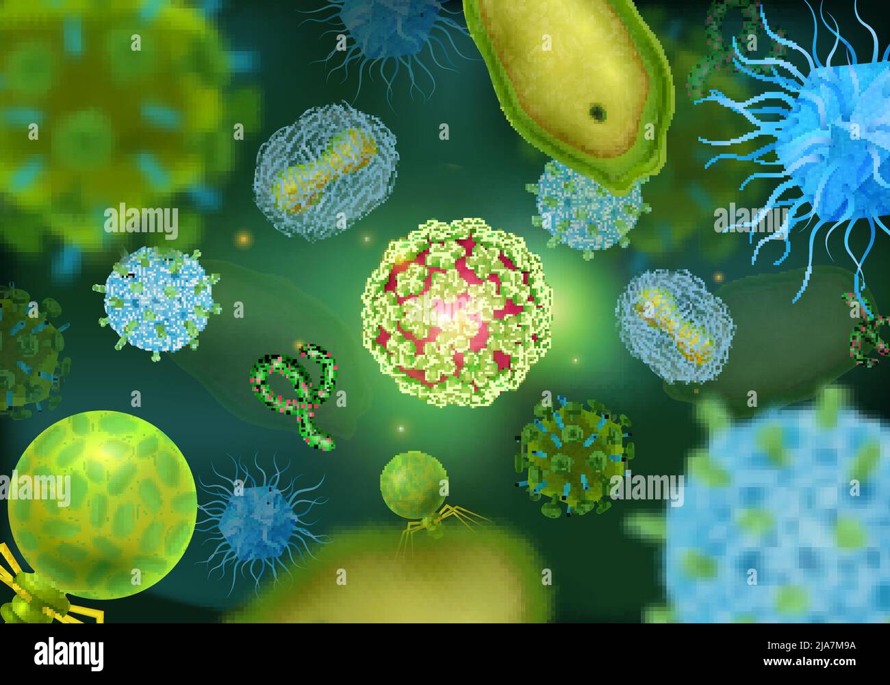 Realistic background with microscopic views of various colorful virus ...