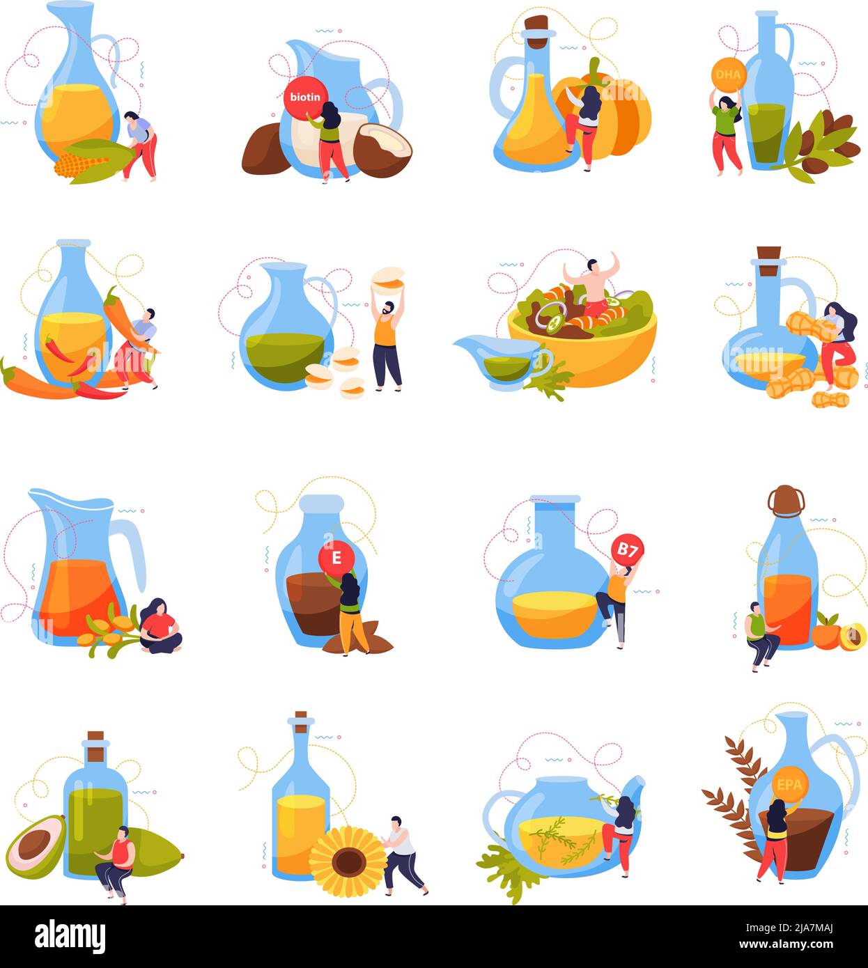 Food oils flat icons collection of oil types and products from which ...