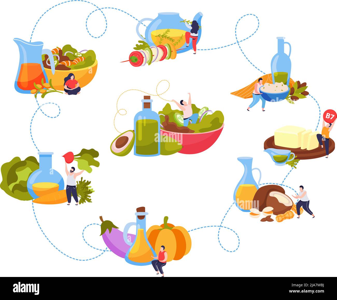 Food oils flat composition with characters of people with oil ...