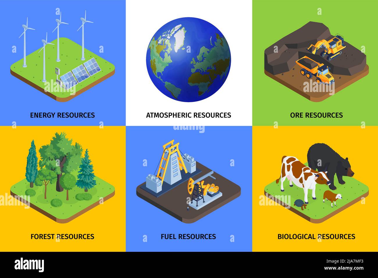 Natural resources concept 6 colorful background isometric compositions ...