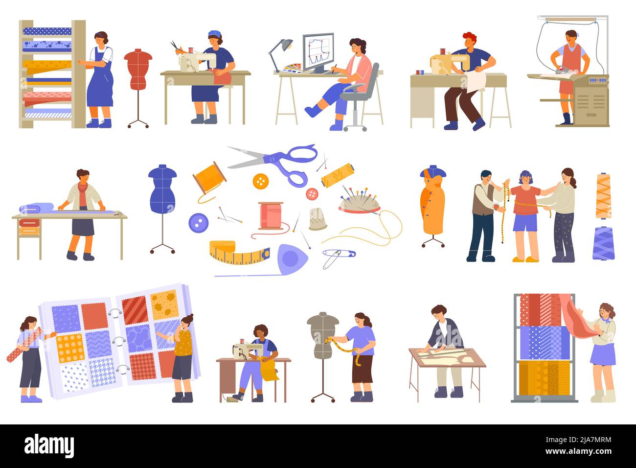 Clothes factory garment set with flat isolated icons of tailoring ...