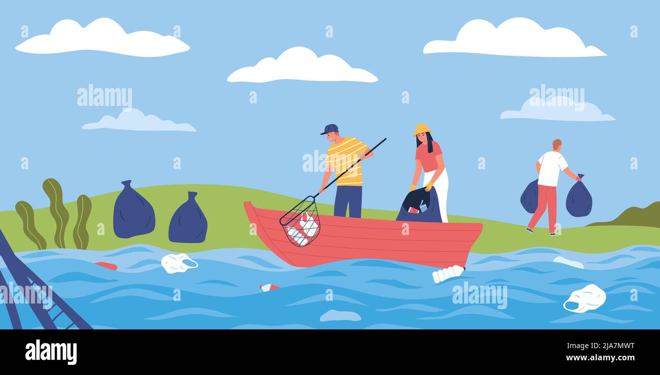 Garbage recycling water sea composition with outdoor landscape and view ...