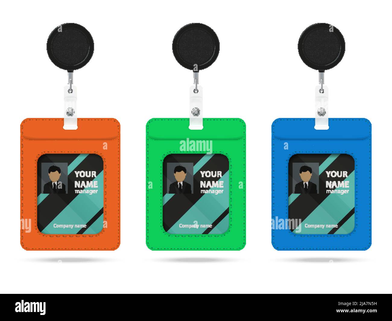 Set of three isolated realistic id card colorful badge images with ...
