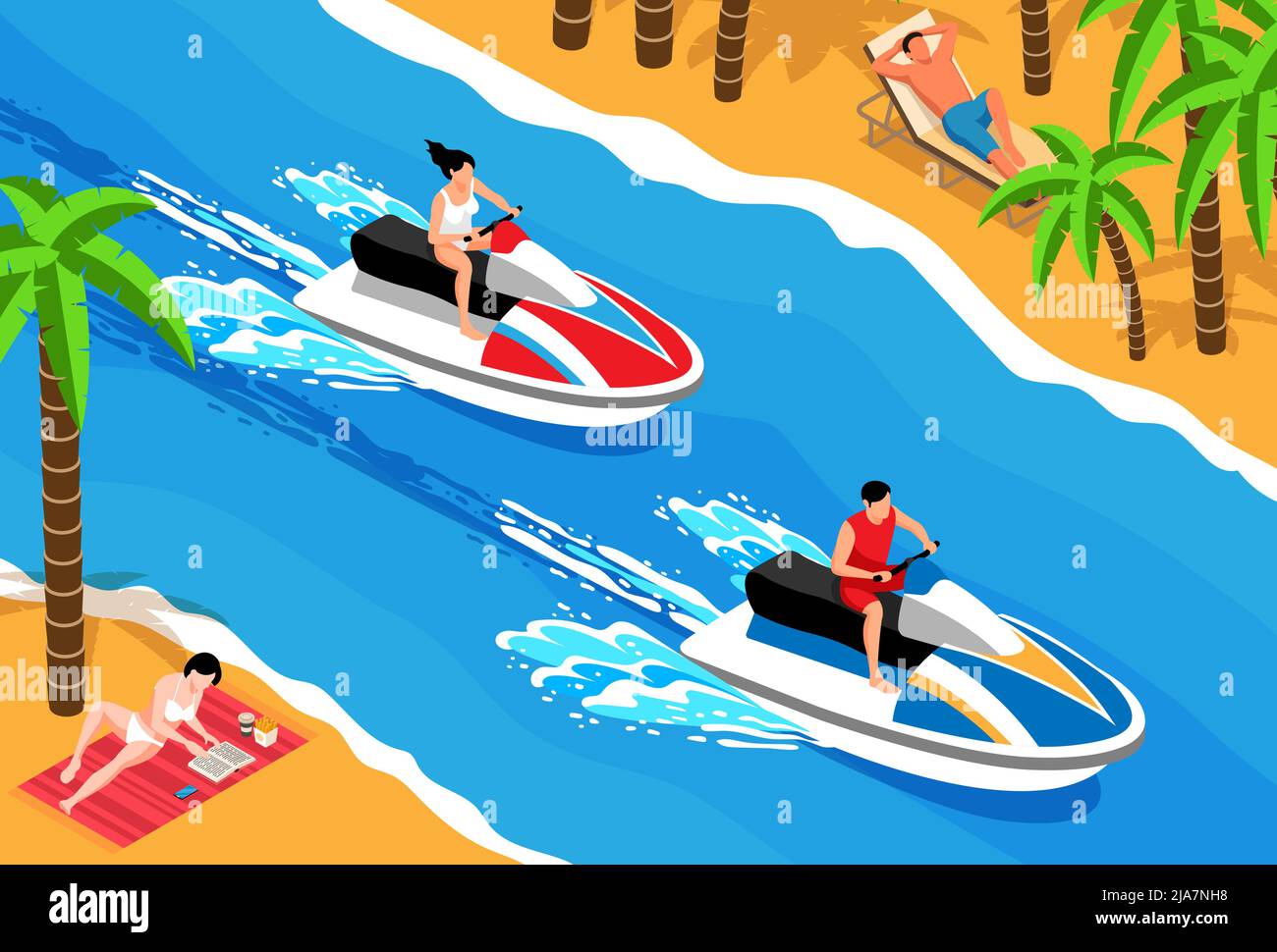 Watersport with jetski activity and hobby symbols isometric horizontal ...