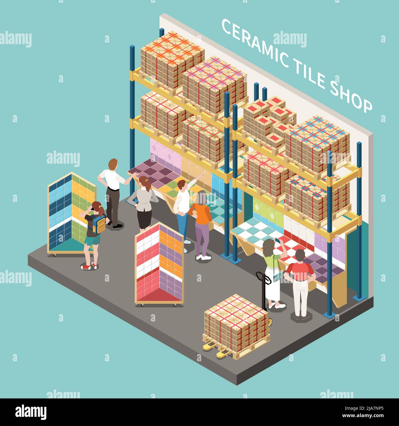 Ceramic tile shop isometric background with buyers choosing tile design ...