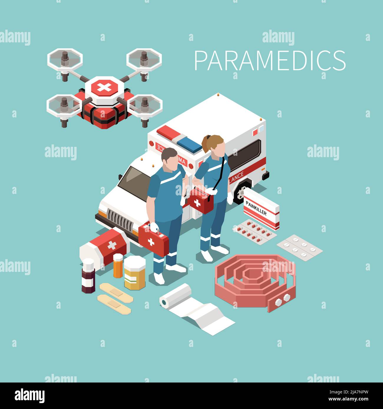 Paramedics isometric background with people providing first aid drone ...