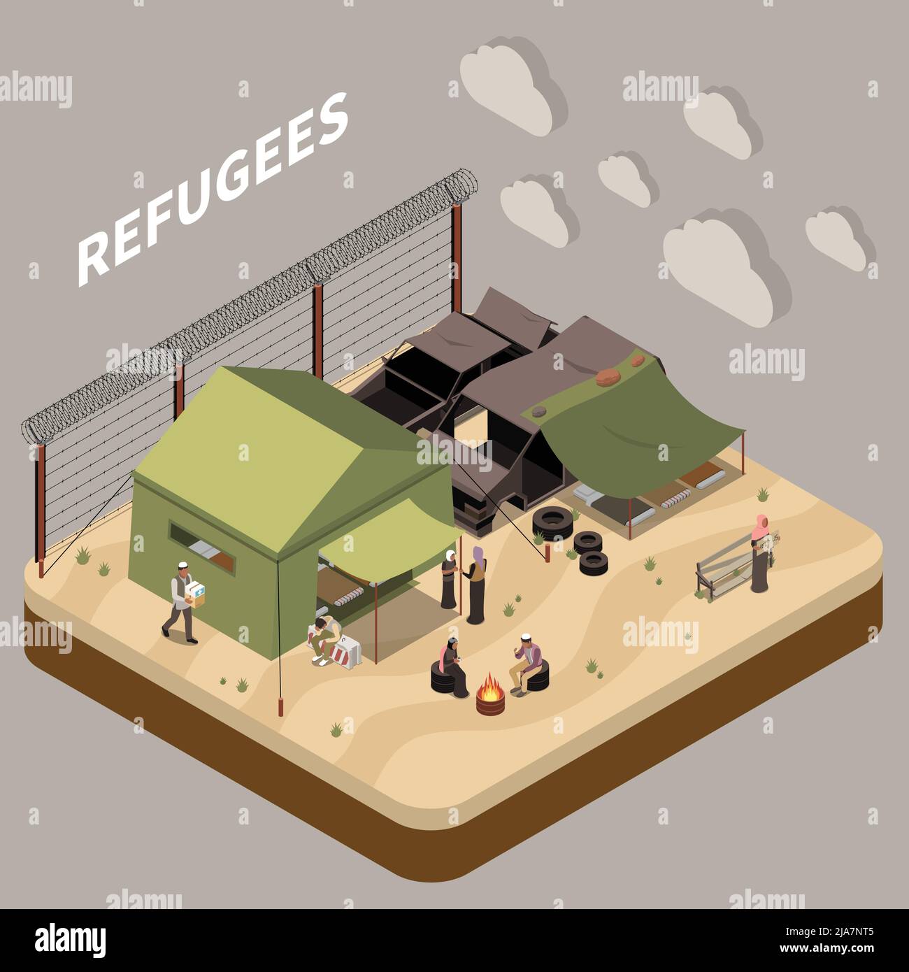 Refugees isometric composition with people living in immigration camp ...