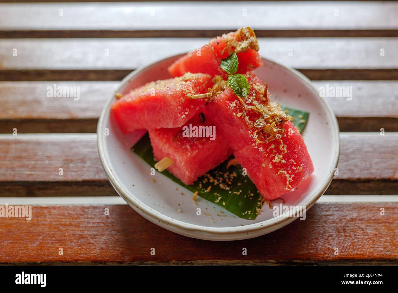 Watermelon with Sweet Dried Fish Crispy Shallot Dip, Thai dessert Stock ...