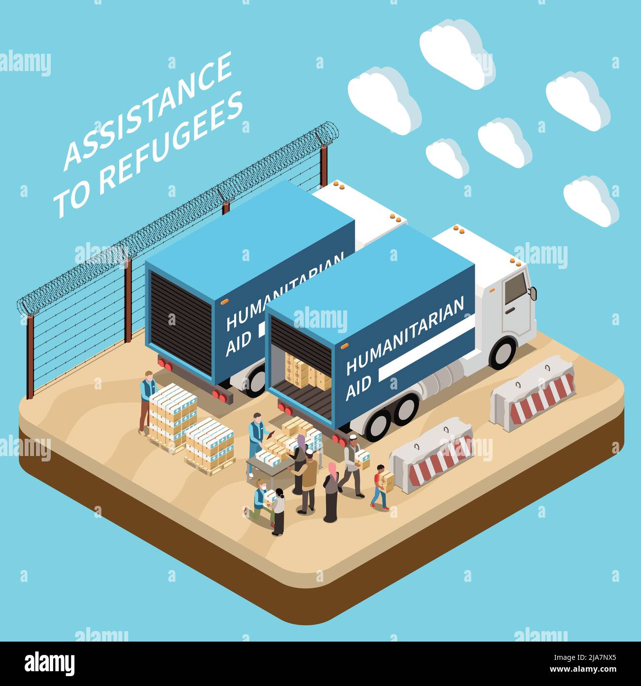 Assistance to refugees isometric background with team of volunteers ...