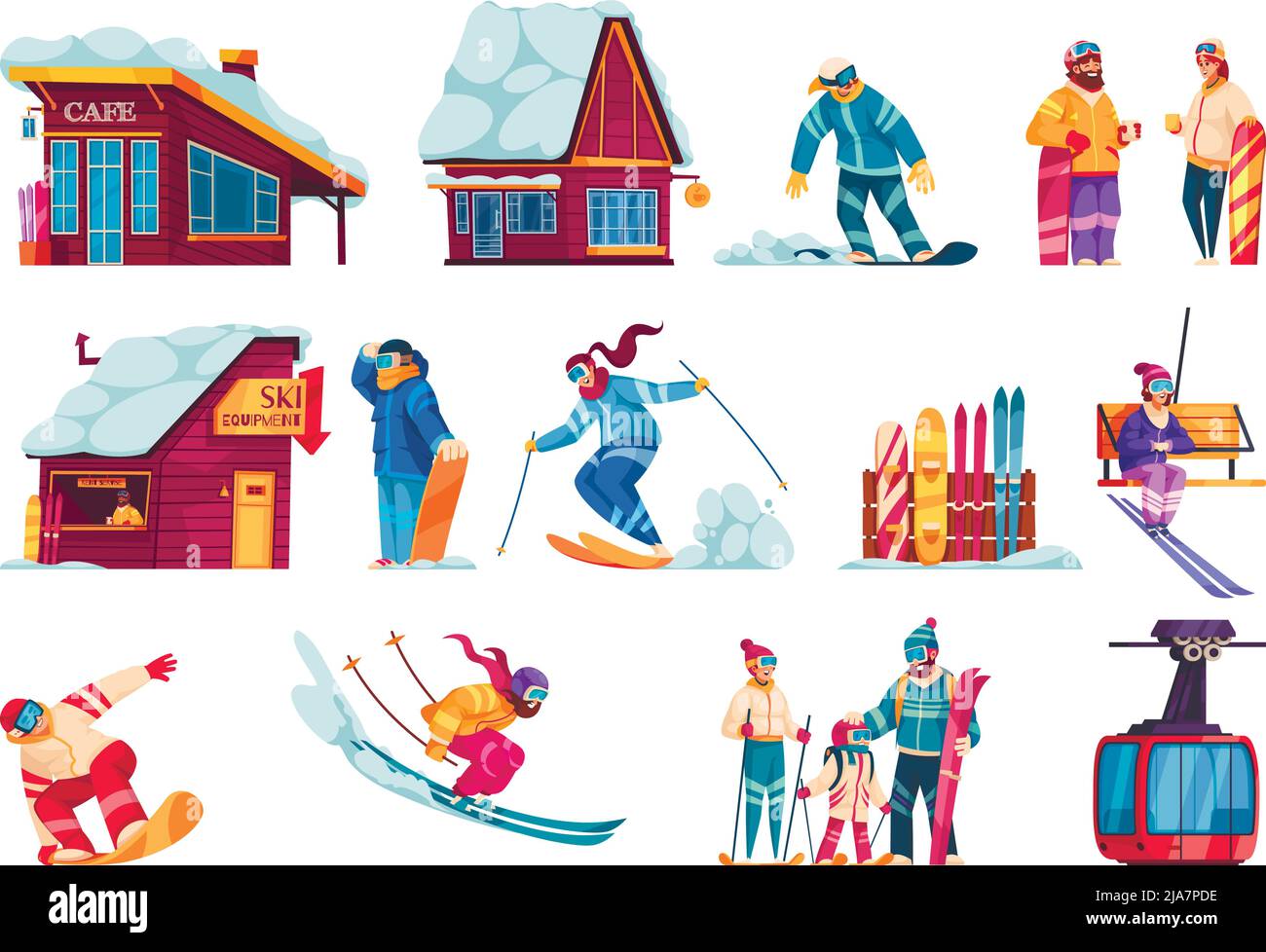 Winter ski vacation cartoon set with resort cafe equipment rental ...