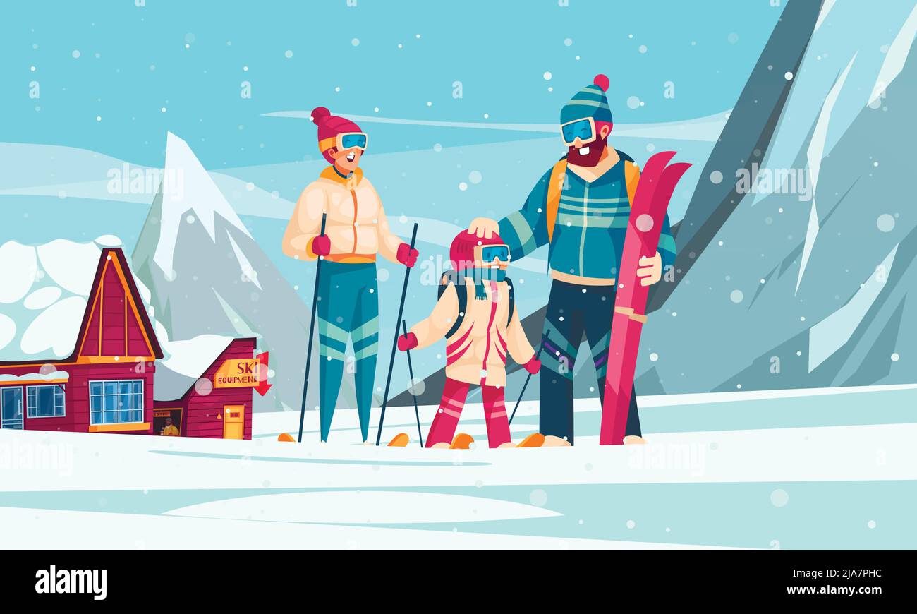 Winter ski resort cartoon composition with young family on skis in snow ...
