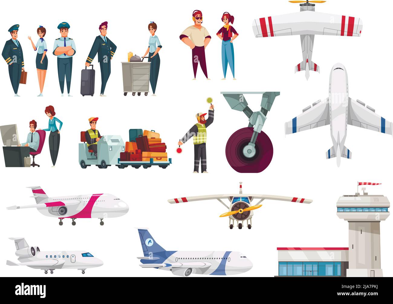 Airport cartoon set luggage loading terminal airplane takeoff sport ...