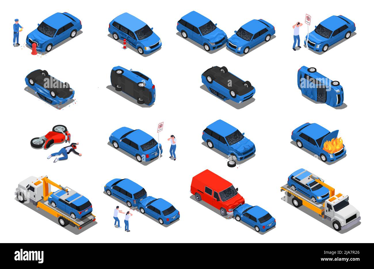 Road traffic accidents isometric set 2 vehicles collision injured ...